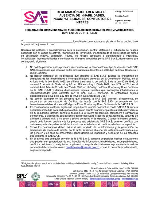 Formato Declaración Inhabilidades Incomp | luis enrique salgado | uDocz