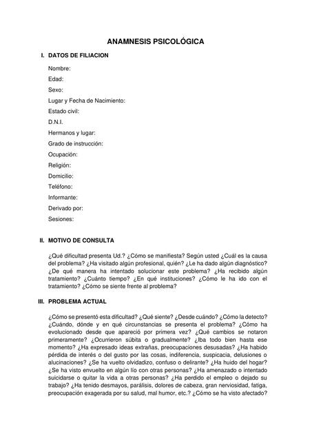 Formato de Anamnesis Psicológica | DIANA ROMINA SANCHEZ MONTENEGRO | uDocz