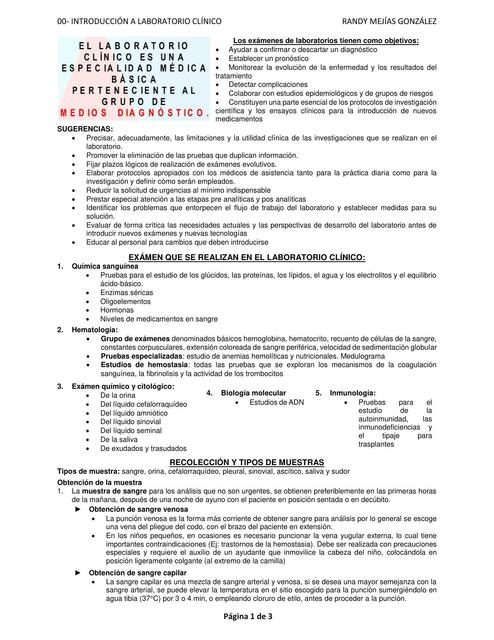 00 INTRODUCCIÓN A LABORATORIO CLÍNICO 1 | William Pastrana | uDocz
