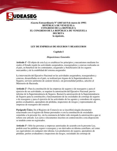Ley de Empresas de Seguros y Reaseguros | Stefany Lacruz | uDocz