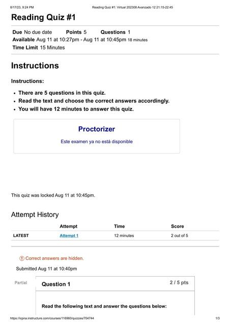 Reading Quiz 1 Virtual Avanzado 12 21 15 22 45 | Paola | uDocz
