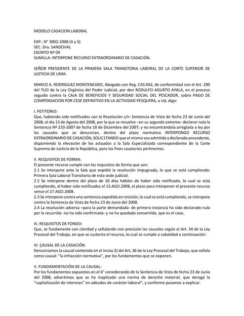 MODELO CASACION LABORAL 1 | Patrick David Villanueva Perez | uDocz MODELO CASACION LABORAL 1 | Patrick David Villanueva Perez | uDocz