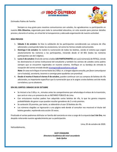 COMUNICADO RIFA PPFF Numeración correo y sorteo | SOFIA | uDocz