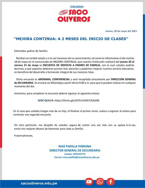 18 COMUNICADO A PPFF ENCUESTA DE MEJORA QUILCA | SOFIA | uDocz