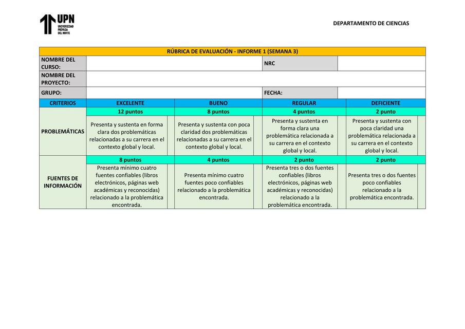 RÚBRICA DE EVALUACIÓN INF 1 | vgvjjghi | uDocz