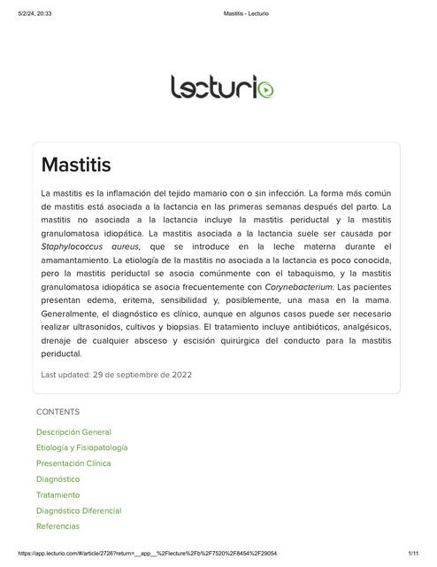 Mastitis Lecturio | Enrique Córdova López | uDocz
