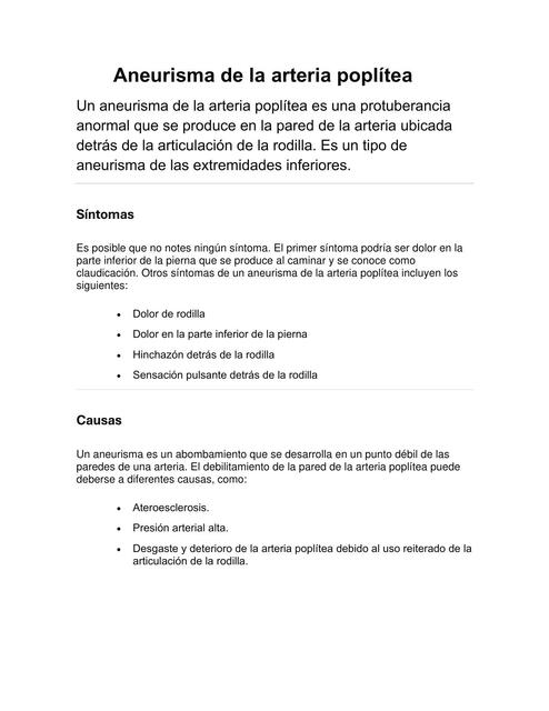 Aneurisma de la arteria poplítea | Aura Ester Peréz Rada | uDocz