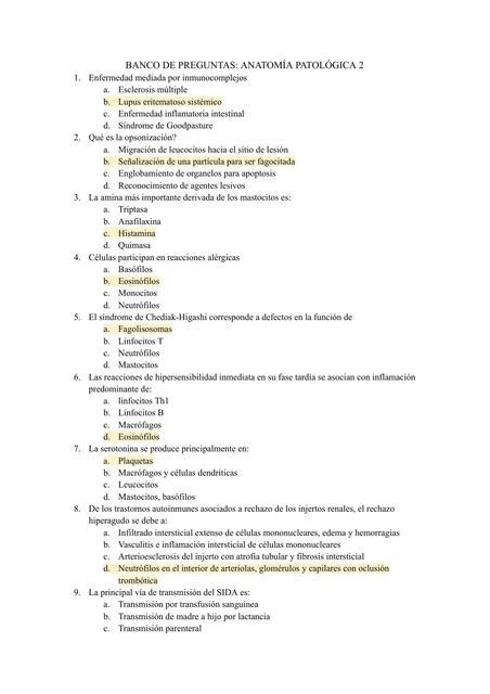 Banco de preguntas de Anatomía Patológica 2 | Viviendo la medicina | uDocz