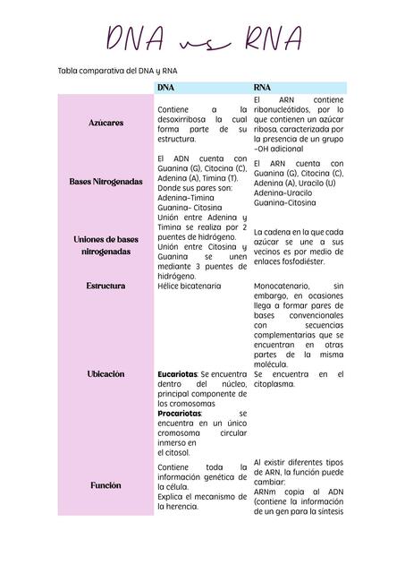 Tabla de comparativa del DNA y RNA | Ranita Cientifica | uDocz