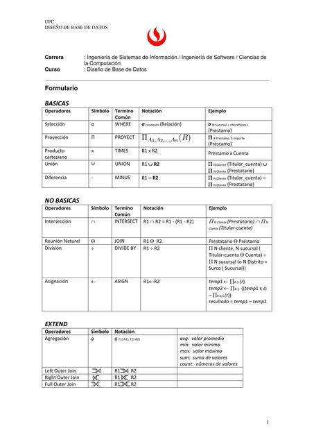 Formulario Algebra Relacional | Tea | uDocz