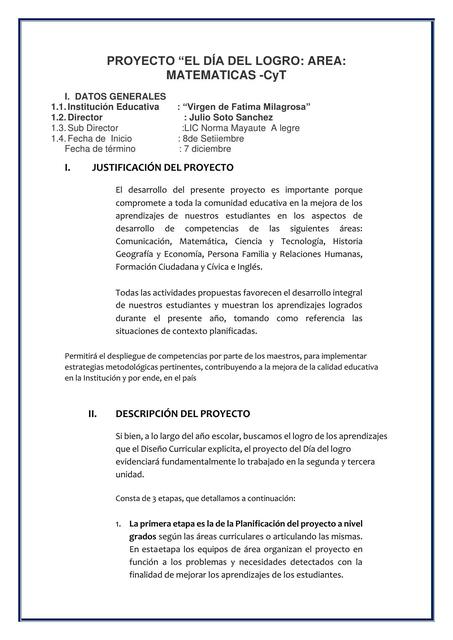 Proyecto del día del logro: área matemáticas | Carl Bern | uDocz