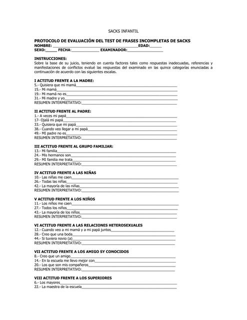 SACKS INFANTIL INTERPRETACIÓN 111 | Ca | uDocz