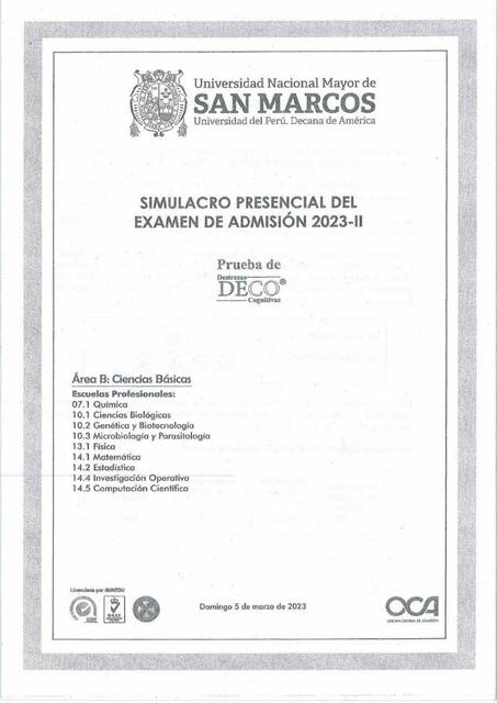 SIMULACRO DE ADMISIÓN II ÁREA B | Llordi | uDocz