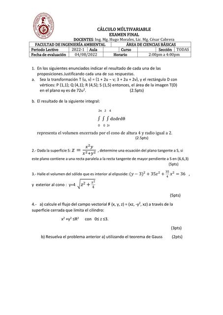 EXAMEN FINAL DE CALCULO MULTIVARIABLE 1 | Eduardo Salazar | uDocz
