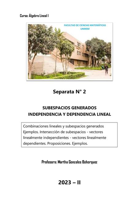Separata N 2 Subespacios generados Independencia y | JADHIRA BRIGETTE | uDocz