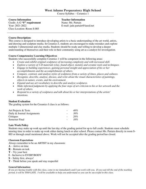 Ceramics 1 Course Syllabus | Jackeline | uDocz