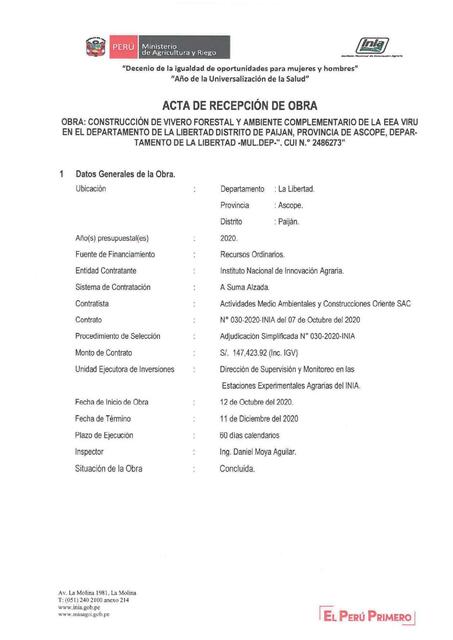 Acta de Recepción de Obra | Edwin Jesus Gaspar Camargo | uDocz