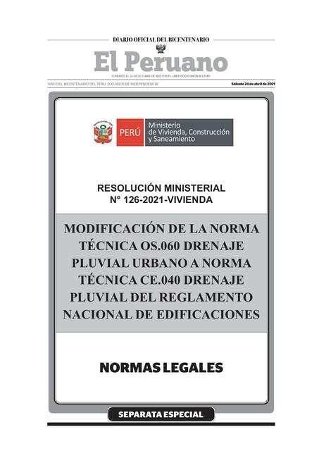 MODIFICACION DE LA NORMA NORMA TÉCNICA OS-060 DRENAJE A NORMA CE-040 | INGENIERIA Y CONSULTORIA ...