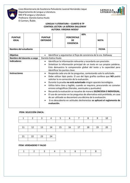 CONTROL LECTOR LA SEÑORA DALLOWAY | Daniela | uDocz