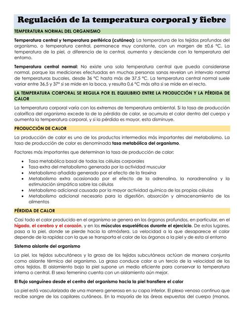 Resumen Guyton cap 74 Regulación de la temperatura corporal y fiebre | Andrea Llanqui García | uDocz