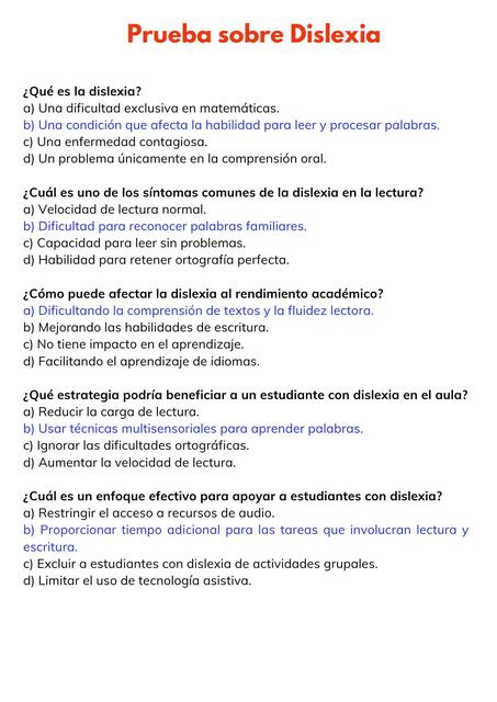 Prueba sobre Dislexia | Educación Especial | uDocz