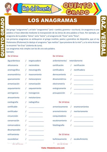 Los Anagramas para Quinto Grado de Primaria | ꧁ ꧂ | uDocz