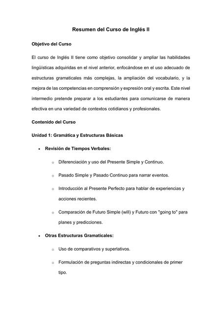 Resumen del Curso de Inglés II | Universidad Cayetano Heredia | uDocz