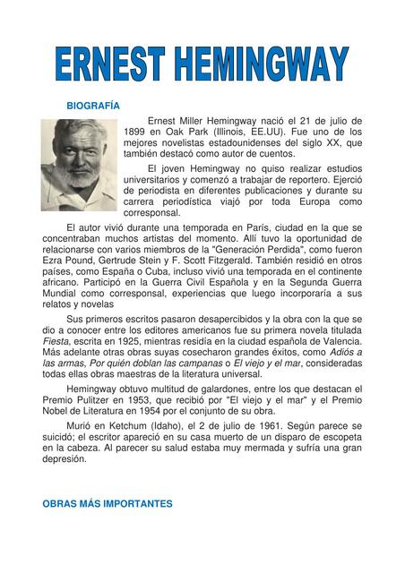 Biografia De Joan Hemingway La Vida De Ernest Hemingway: Amor, Guerra
