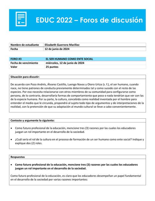 FORO DE DISCUSIÓN 3 EL SER HUMANO COMO ENTE SOCIAL | Carolina | uDocz