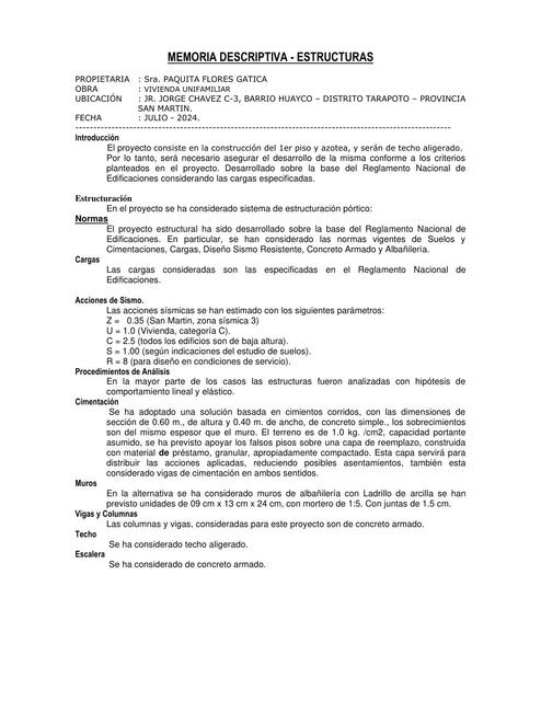 MEMORIA DESCRIPTIVA ESTRUCTURAS | CAROLAIN PAOLA | uDocz