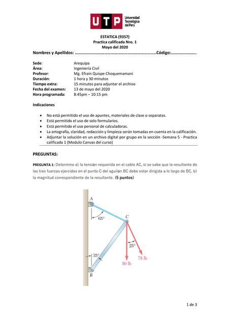Practica Calificada Nro 1 Estatica Año | ELMER CURO | uDocz
