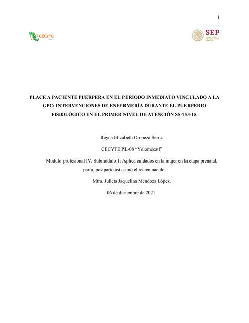 Intervención en enfermería durante el puerperio fisiológico en el ...