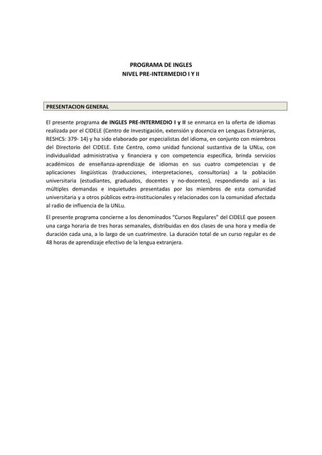 Programa de Ingles Nivel pre Intermedio I y II | Universidad Cayetano Heredia | uDocz