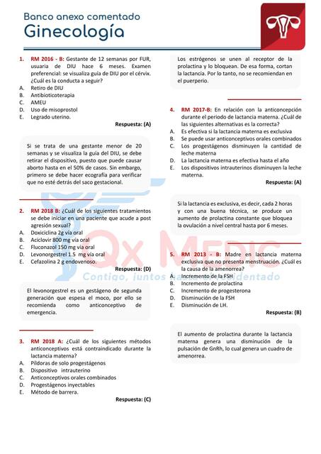 Banco anexo comentado ginecología - Qx medic | Andrea Llanqui García | uDocz