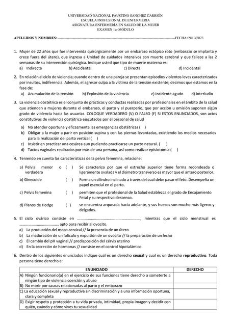 EXAMEN 1ER MODULO ENF. EN SALU DE LA MUJER | Antonella Rivadeneyra Ramirez | uDocz